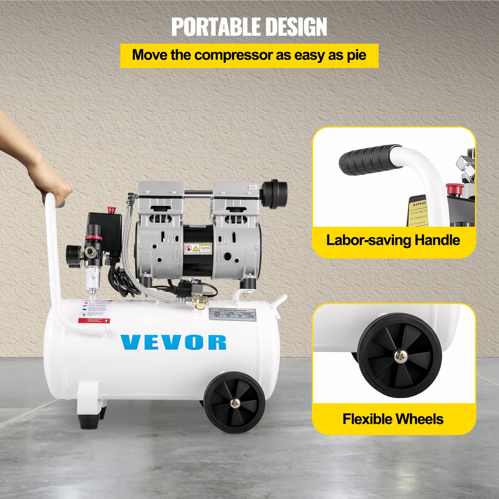 VEVOR Air Compressor 6.6 Gallon, Portable Air Compressor 1 HP, Oil Free Air Compressor Steel Tank 750W, Pancake Air Compressor 115 PSI, Ultra Quiet Compressor for Home Repair, Tire Inflation