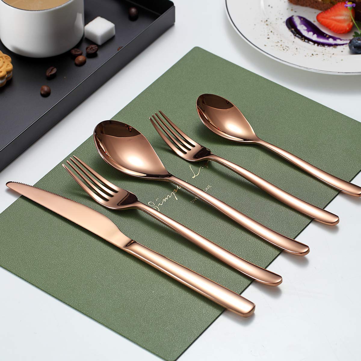 Silverware Set 20 Pieces, Stainless Steel Copper Flatware Set, Titanium Plating Rose Gold Cutlery Set, Copper Utensil Sets Service Set for 4 (Shiny Copper)