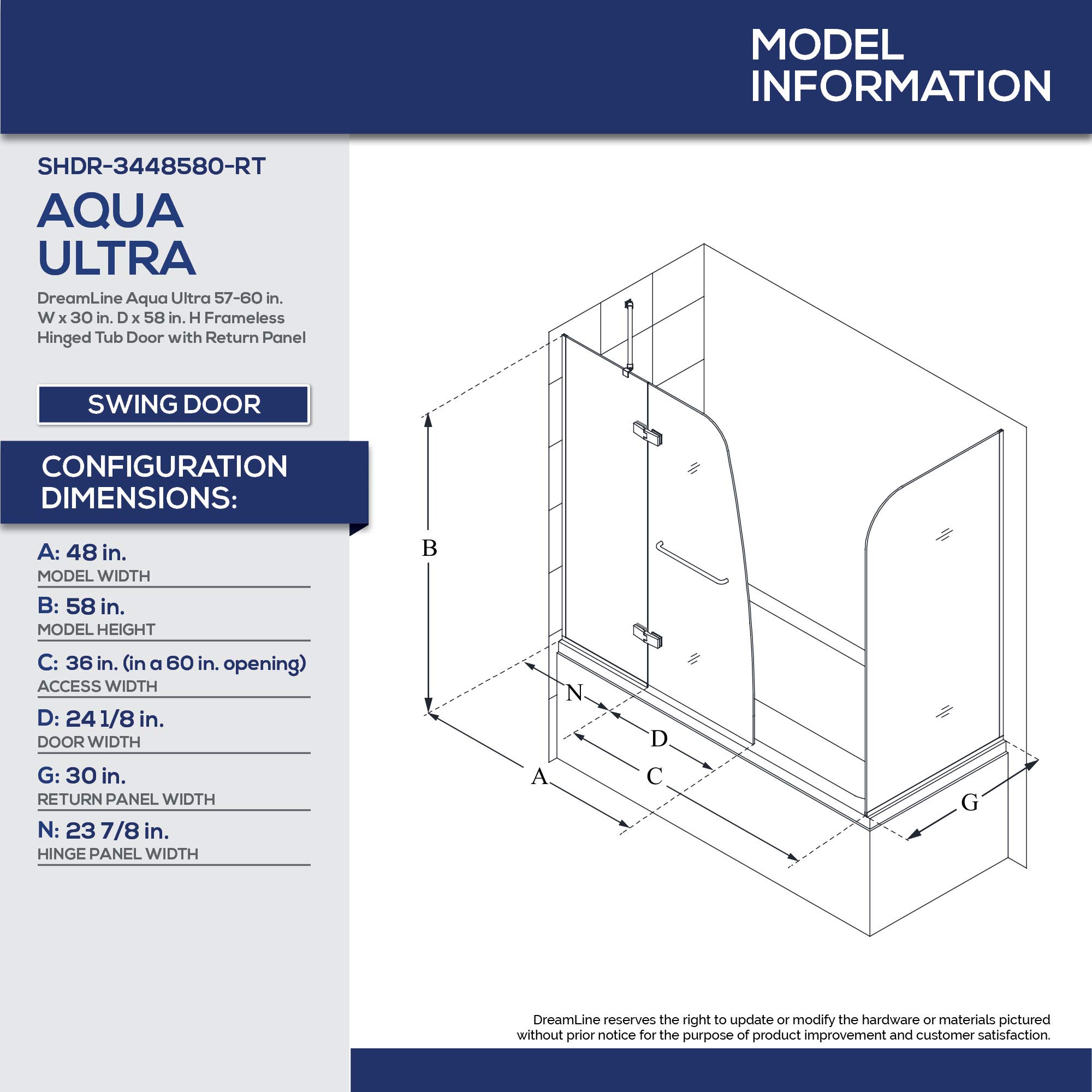 DreamLine Aqua Ultra 48 in. W x 30 in. D x 58 in. H Frameless Hinged Tub Door with Return Panel in Matte Black