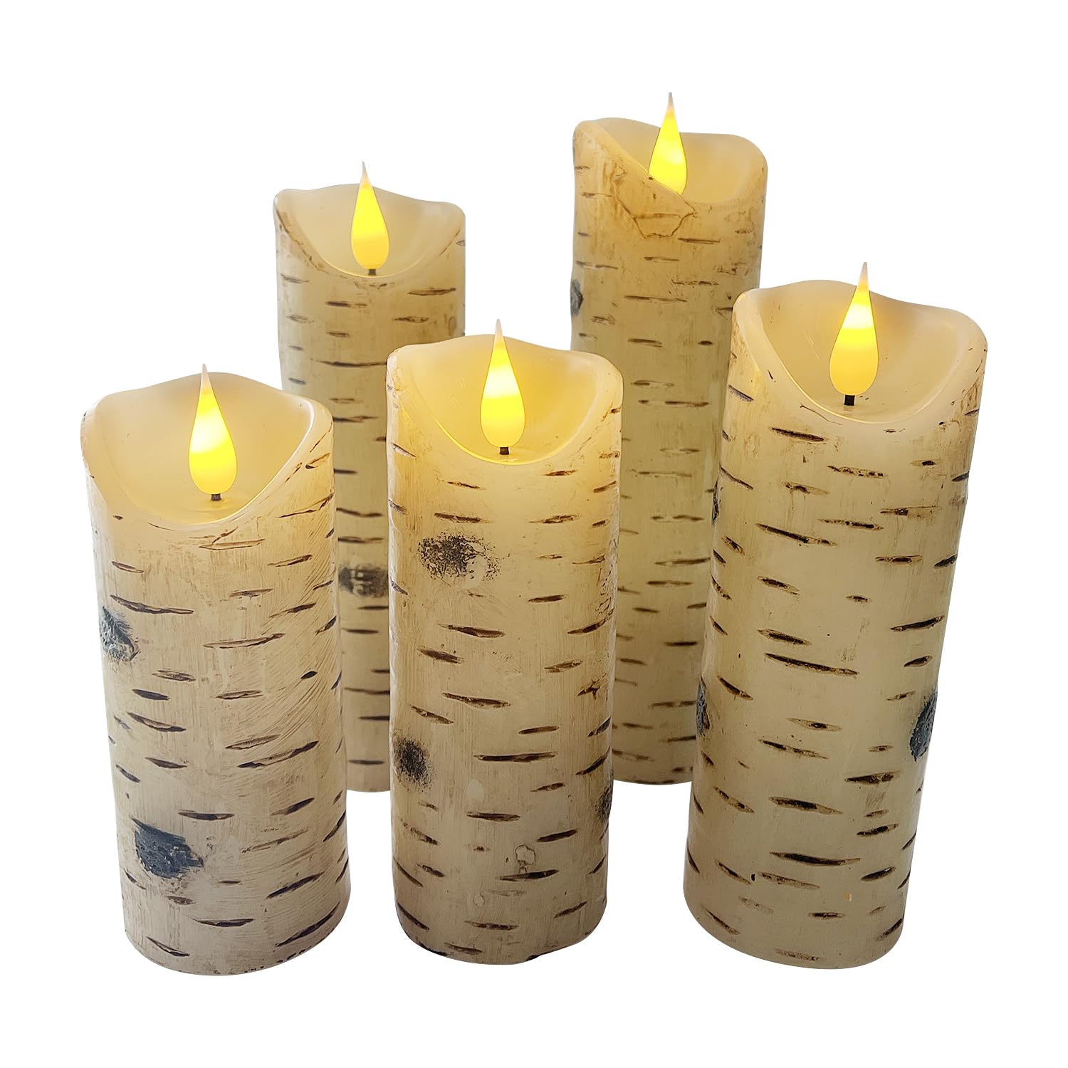 Evenice Flameless Candles Set of 5,Birch Bark Wax Candles (D2.2“ x H5”6“7”8" 9") with Timer and 10-Key Birch Bark