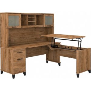 bush furniture somerset 3 position sit to stand l shaped desk with hutch | wide office computer/laptop desk with storage shelves & drawers | study table and work desk in fresh walnut