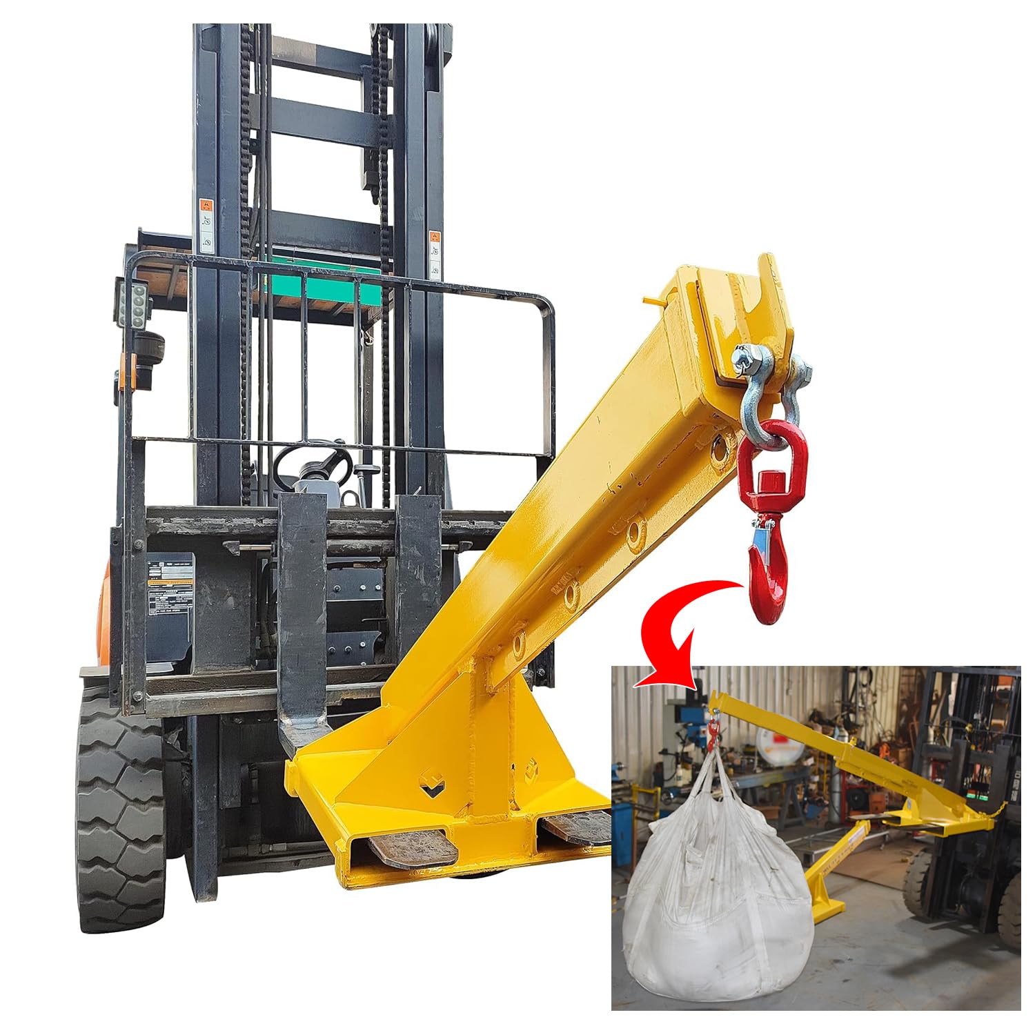 INTBUYING Adjustable Forklift Jib Boom Crane, Lifting up to 4400LB/2T, with a Mobile Crane Hoist and Truss Hook Extension Attachment Ranging from 63-98in, for Forklift Towing and Handling Equipment