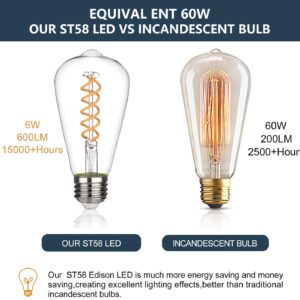 MYEMITTING Dimmable ST58 LED Edison Bulbs, 6W Equivalent to 60W Vintage Light Bulbs, E26 Base 2700K ST58/ST19 LED Bulbs, Antique Flexible Spiral LED Filament Light Bulbs - Clear Glass 6Pack