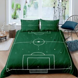 football field duvet cover pitch soccer bedding set hand drawn sketch comforter cover for kids teen boys juvenile summer sports games bedspreads cover green bed decor with 2 pillow cases queen size