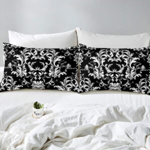 Feelyou Girls Damask Pattern Comforter Cover Boho Damask Bedding Set for Women Adults Black White Baroque Style Duvet Cover European Pattern Room Decor Queen Size Quilt Cover 3Pcs