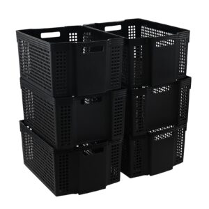 Zerdyne 6-Pack Large Plastic Stackable Storage Baskets, Rectangle Plastic Stacking Bin, Black