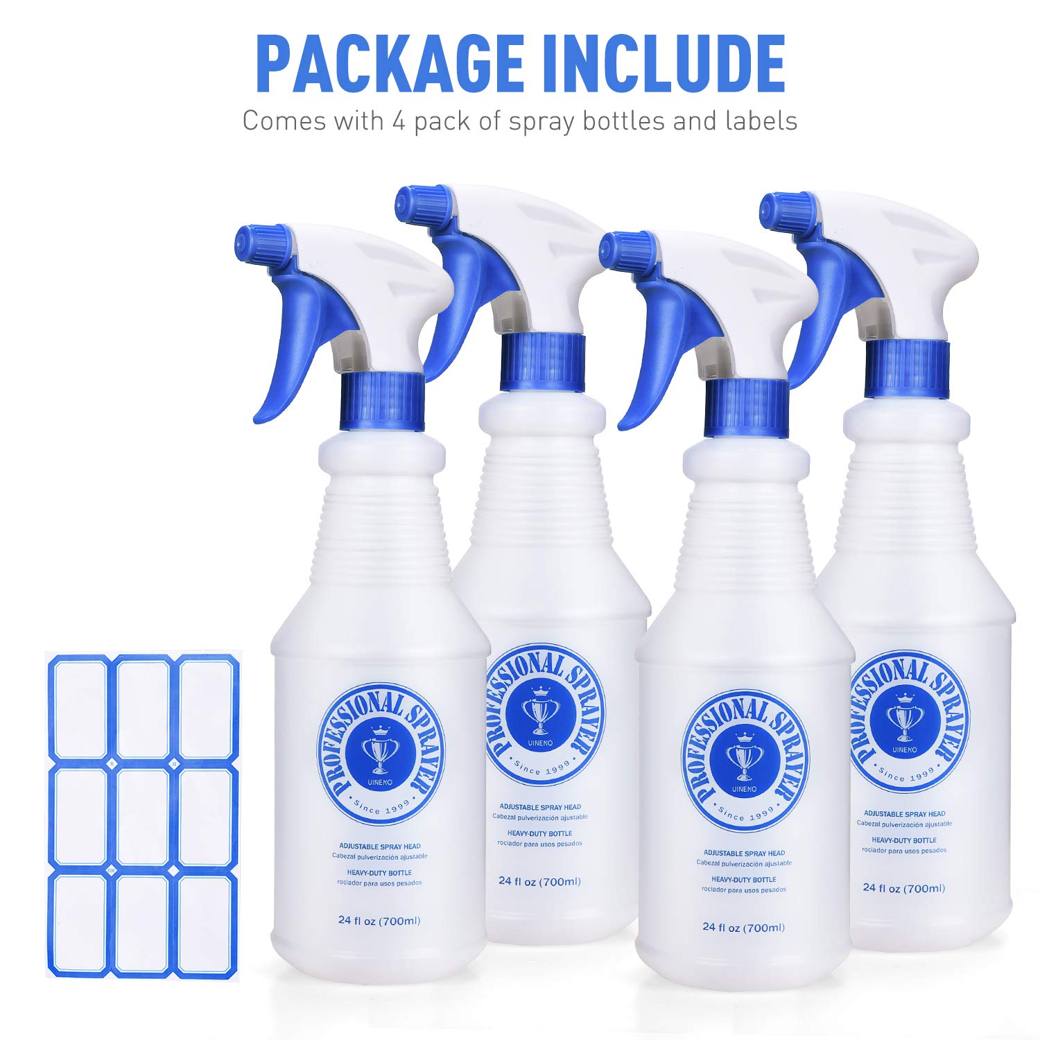 Plastic Spray Bottle 4 Pack 24 Oz (Upgraded Sprayer) for Cleaning Solutions, Bleach Spray, Planting, Pets, Heavy Duty Empty Spraying Sprayer Mist Water Bottles with Adjustable Nozzle, Measurements