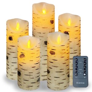 evenice flameless candles set of 5,birch bark wax candles (d2.2“ x h5”6“7”8" 9") with timer and 10-key birch bark