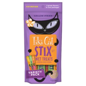 tiki cat stix wet treats, grain free lickable smooth mousse blend in creamy gravy, variety pack 6 stix 1 pouch