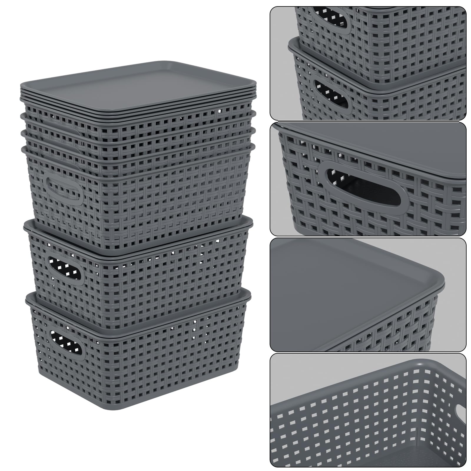 Yarebest 6-Pack Small Plastic Woven Storage Basket with Lid, Grey Basket Bin