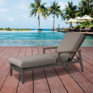 LOKATSE HOME Patio Adjustable Chaise Outdoor Rattan Lounge Furniture Wicker Armrest Chair with Cushion for Beach, Poolside, Dark Grey