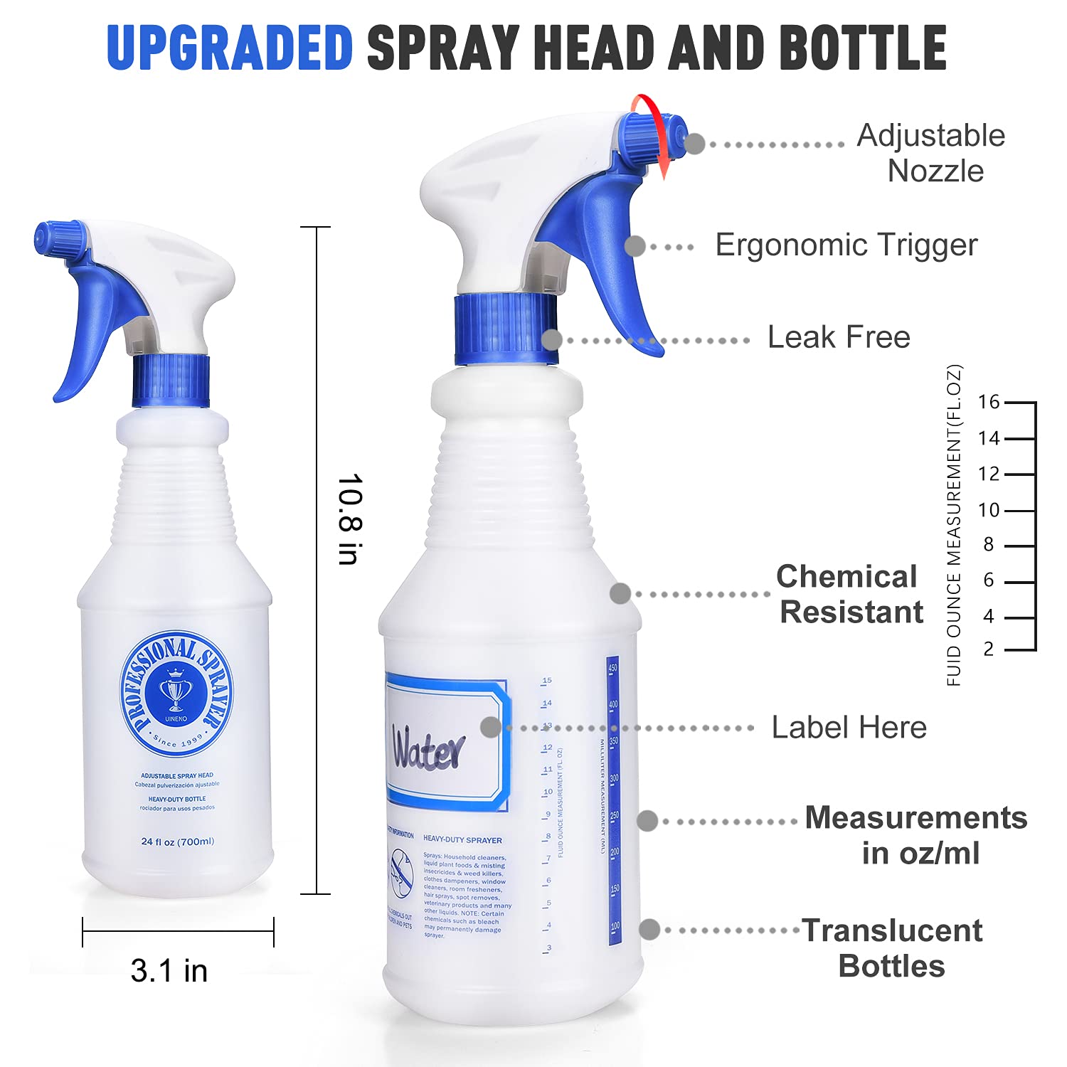 Plastic Spray Bottle 4 Pack 24 Oz (Upgraded Sprayer) for Cleaning Solutions, Bleach Spray, Planting, Pets, Heavy Duty Empty Spraying Sprayer Mist Water Bottles with Adjustable Nozzle, Measurements