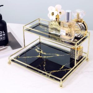 Simmer Stone Makeup Organizer Shelf, 2-Tier Cosmetic Storage Basket with Glass Tray, Wire Vanity Organizer Rack for Bathroom, Countertop, Dresser and More, Medium Size