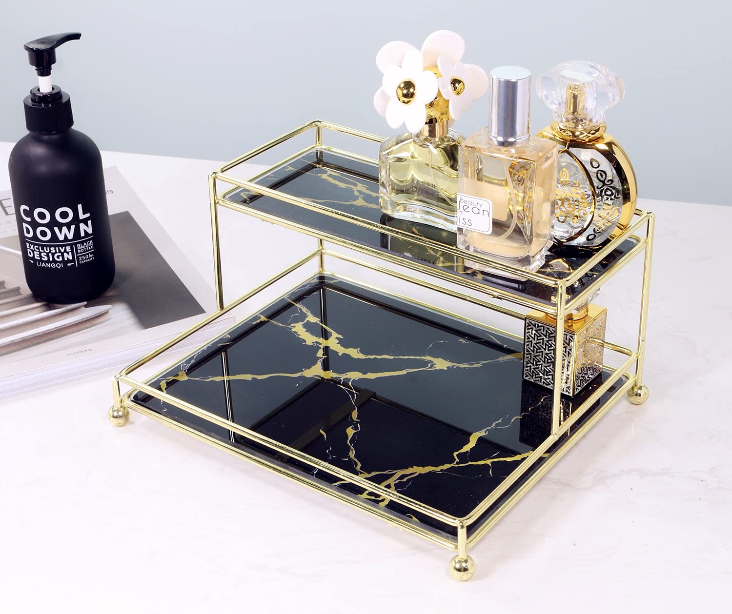 Simmer Stone Makeup Organizer Shelf, 2-Tier Cosmetic Storage Basket with Glass Tray, Wire Vanity Organizer Rack for Bathroom, Countertop, Dresser and More, Medium Size