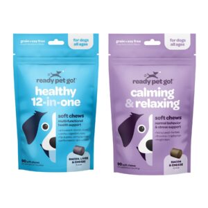 ready pet go! calming & multivitamin chews for dogs | vitamins for skin, coat, hip & joint health | helps with dog anxiety, separation & barking | 90 chews each