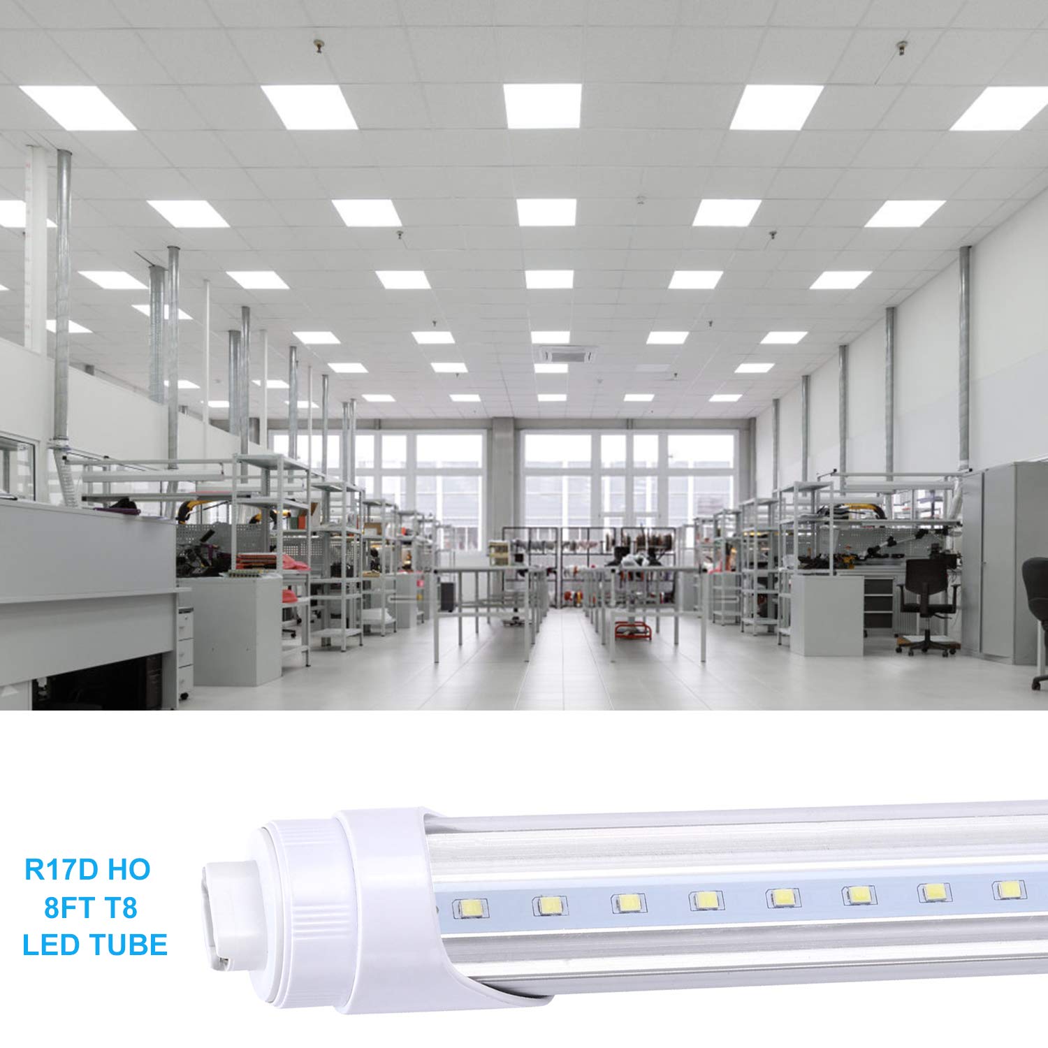 R17D/HO 8FT LED Shop Bulb, Rotating Base LED Tube Light, 6000K Clear Lens, Dual-Ended Power Bulb Lights, non-dimmable, 2 Pin, BALLAST REMOVED, (Replacement for F96T12/CW/HO 110W Fluorescent Light)