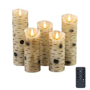 Evenice Flameless Candles Set of 5,Birch Bark Wax Candles (D2.2“ x H5”6“7”8" 9") with Timer and 10-Key Birch Bark