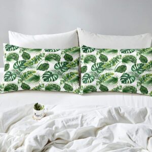 Erosebridal Palm Leaves Comforter Cover Hawaiian Duvet Cover Monstera Banana Leaves Bedspread Cover Queen Size Summer Tropical Leaves Bedding Set for Living Room Bedroom Decor, Green White