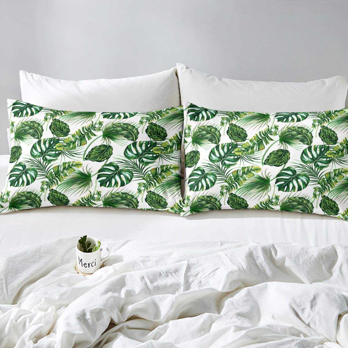 Erosebridal Palm Leaves Comforter Cover Hawaiian Duvet Cover Monstera Banana Leaves Bedspread Cover Queen Size Summer Tropical Leaves Bedding Set for Living Room Bedroom Decor, Green White