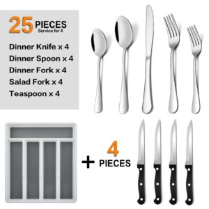 E-far 24-Piece Silverware Set with Organizer Tray and Steak Knives, Stainless Steel Flatware Cutlery Service for 4, Basic Tableware Eating Utensils for Home Kitchen, Mirror Polished, Dishwasher Safe