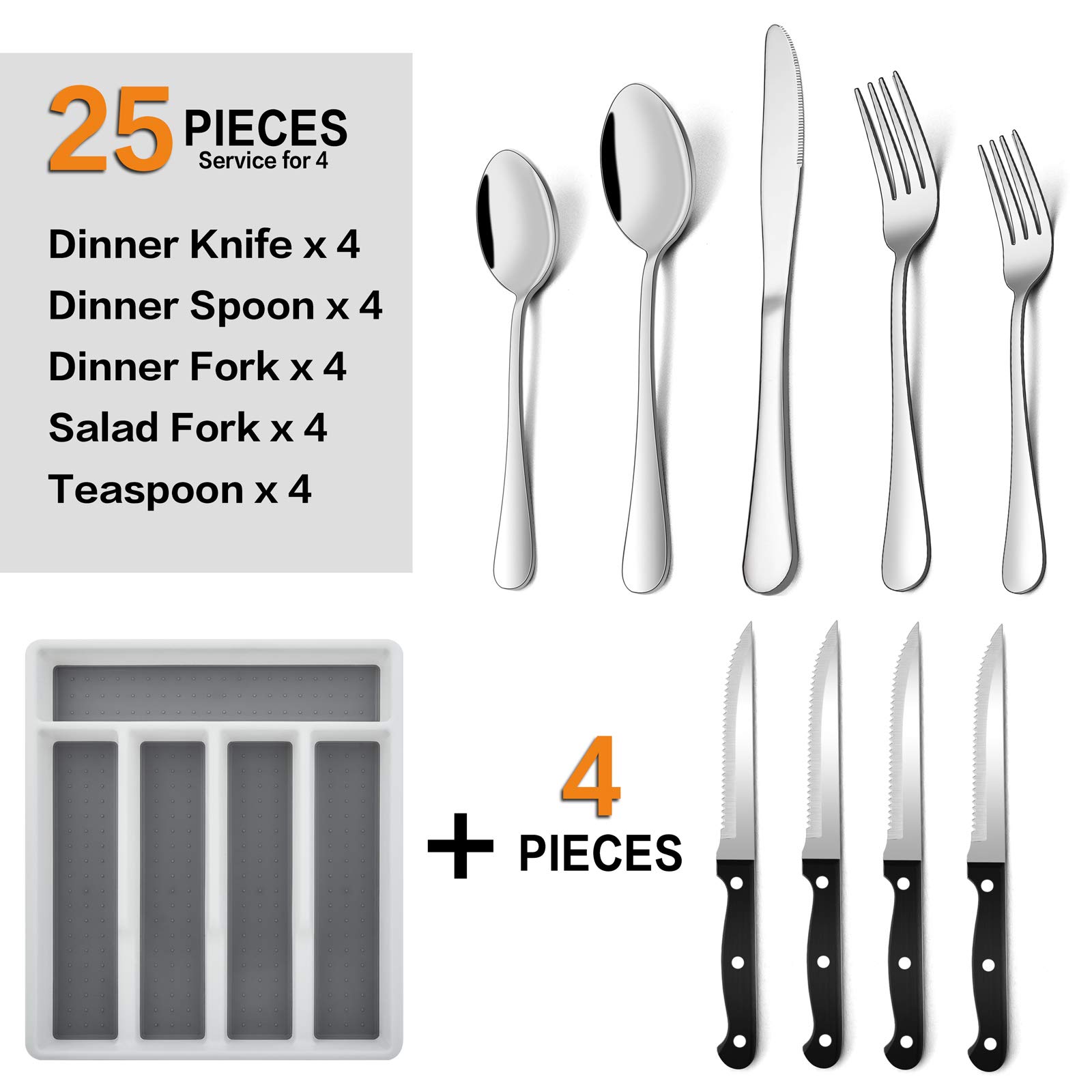 E-far 24-Piece Silverware Set with Organizer Tray and Steak Knives, Stainless Steel Flatware Cutlery Service for 4, Basic Tableware Eating Utensils for Home Kitchen, Mirror Polished, Dishwasher Safe