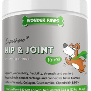 WONDER PAWS Hip and Joint Supplement for Dogs - Glucosamine for Dogs, Chondroitin for Joints, Mobility for Pets – Hip & Joint Chews – Turmeric, Collagen & MSM – Hips, Bones & Cartilage – 90 Soft Chews