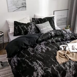 MvchennL Duvet Cover Set, Marble Comforter Cover with Cool and Soft 100% Washed Microfiber, 3Pcs Bedding Set with Zipper Closure & Corner Ties - Black, 104x90 inches (King)