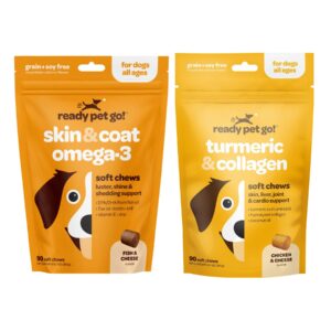 ready pet go! omega 3 & turmeric chews for dogs | hip & joint support | fish oil for dog shedding, skin allergy, itch relief | 90 chews each