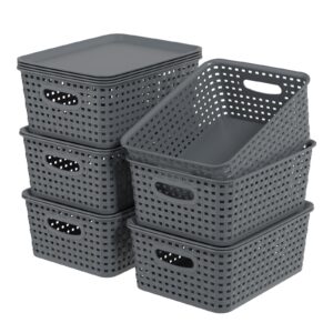 yarebest 6-pack small plastic woven storage basket with lid, grey basket bin