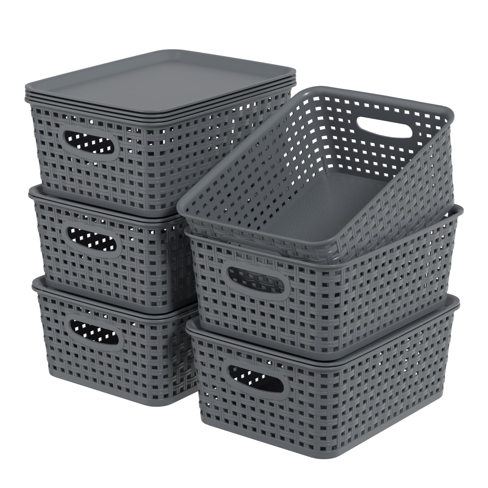 Yarebest 6-Pack Small Plastic Woven Storage Basket with Lid, Grey Basket Bin