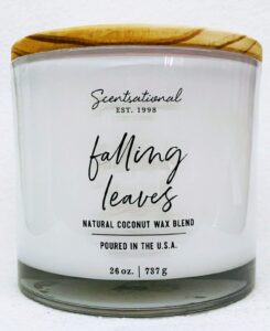 natural coconut + beeswax scented candle falling leaves (in cursive) xl white jar with wooden lid, 26 oz.