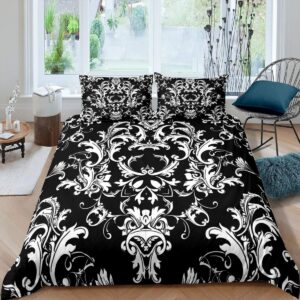 feelyou girls damask pattern comforter cover boho damask bedding set for women adults black white baroque style duvet cover european pattern room decor queen size quilt cover 3pcs