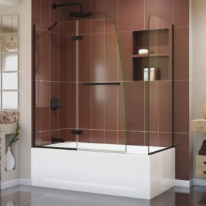 dreamline aqua ultra 48 in. w x 30 in. d x 58 in. h frameless hinged tub door with return panel in matte black