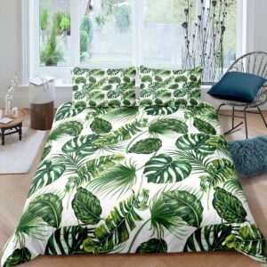 erosebridal palm leaves comforter cover hawaiian duvet cover monstera banana leaves bedspread cover queen size summer tropical leaves bedding set for living room bedroom decor, green white