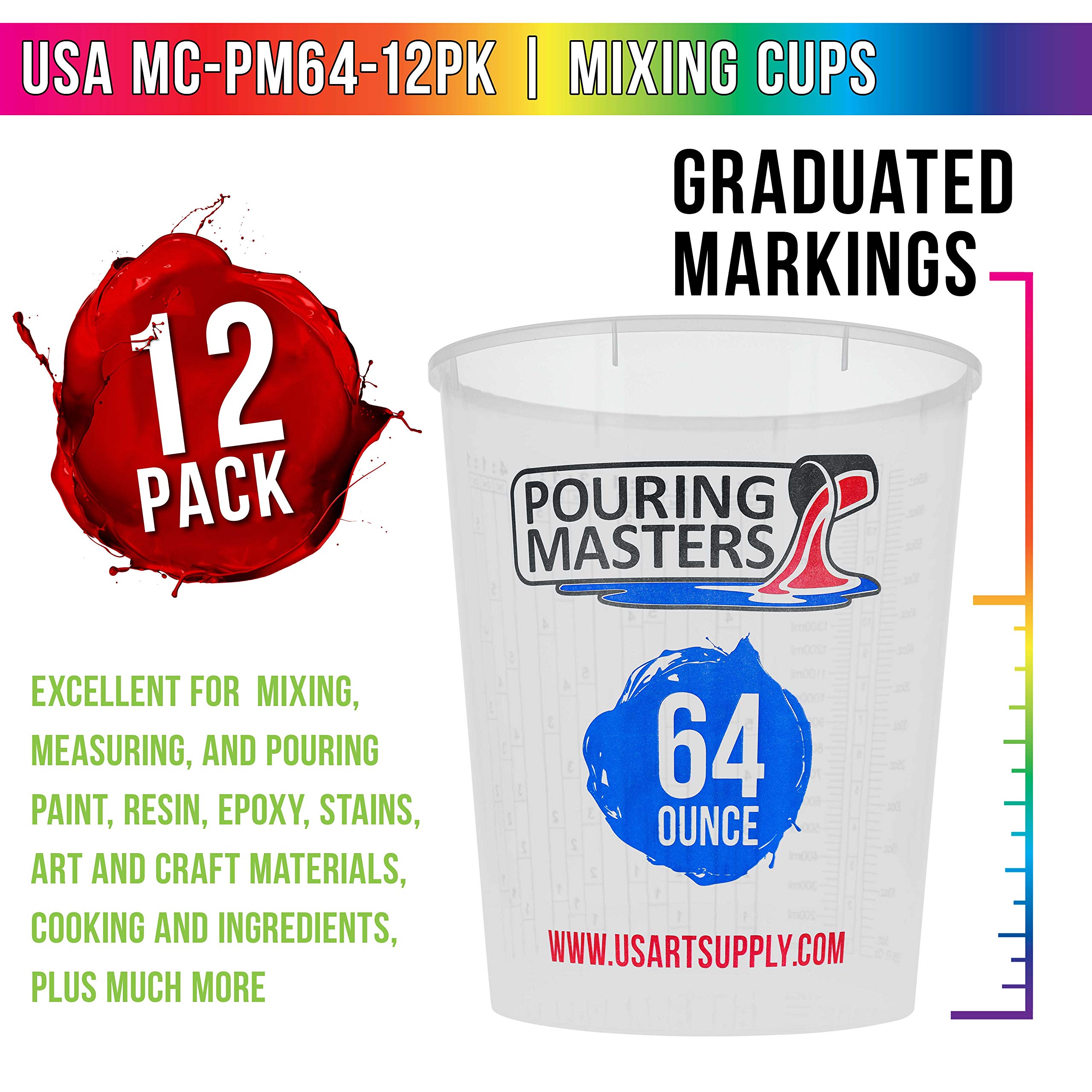 Pouring Masters 64 Ounce (2000ml) Graduated Plastic Mixing Cups (Box of 12) - Use for Paint, Resin, Epoxy, Art, Kitchen, Cooking, Baking - Measurements in OZ. and ML., 4 Different Measuring Ratios 1:1