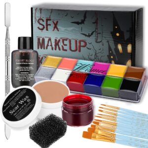 wismee sfx makeup kit professional face body paint halloween special effects makeup set with scar wax,10 face paint brushes,spatula tool,2 fake scab blood,stipple sponge oil based face painting kit