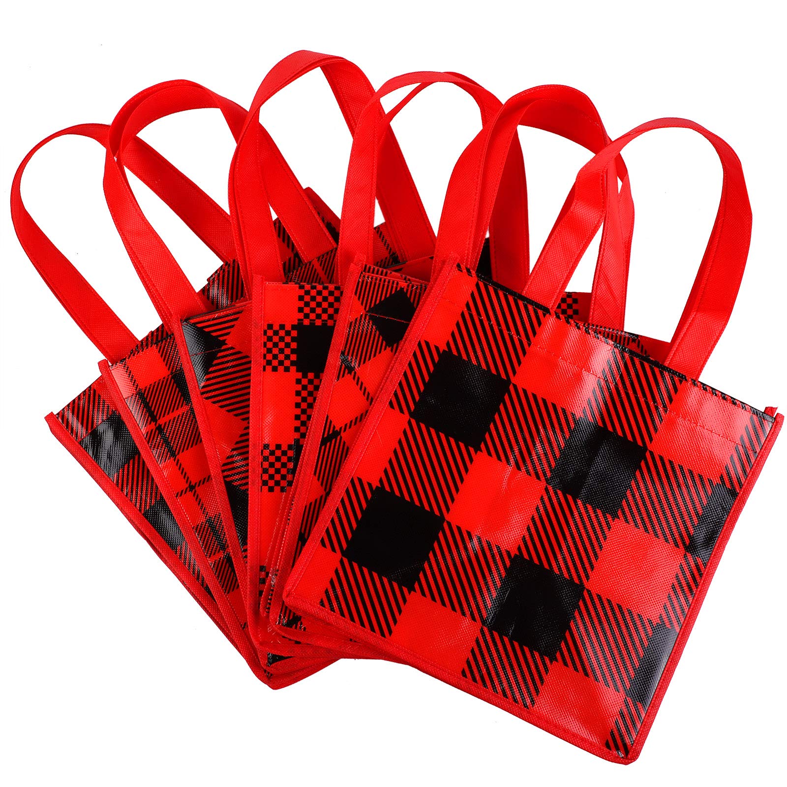 Aneco 12 Pieces Christmas Gift Bags Red and Black Plaid Reusable Non-woven Bags Christmas Treat Bags Tote Bag with Handles 9.8 x 7.9 x 9.8 Inch Party Favors