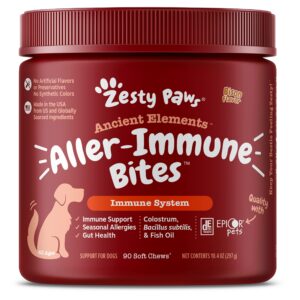 zesty paws dog allergy relief - anti itch supplement - omega 3 probiotics for dogs - digestive health - soft chews for skin & seasonal allergies - with epicor pets - bison - 90ct