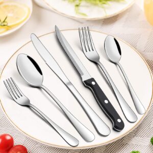 E-far 24-Piece Silverware Set with Organizer Tray and Steak Knives, Stainless Steel Flatware Cutlery Service for 4, Basic Tableware Eating Utensils for Home Kitchen, Mirror Polished, Dishwasher Safe