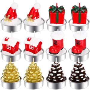 12 pieces christmas tealight candles handmade delicate santa claus, snowman, pine cones, christmas tree, shoes, house, santa hat candles, christmas home decorations (cute style)