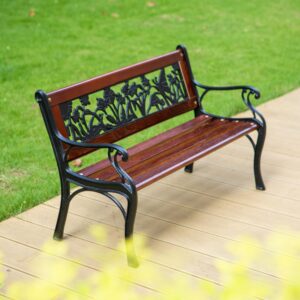 Sophia & William Outdoor Kids Bench Patio Mini Sized Garden Bench with Wooden Seat and Cast Iron Backrest for Porch, Lawn, Backyard and Indoor