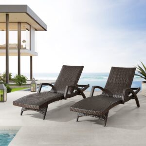 iwicker aluminum outdoor chaise lounges with quick dry foam padded, adjustable wicker patio reclining lounge chairs with wheels and armrest, set of 2