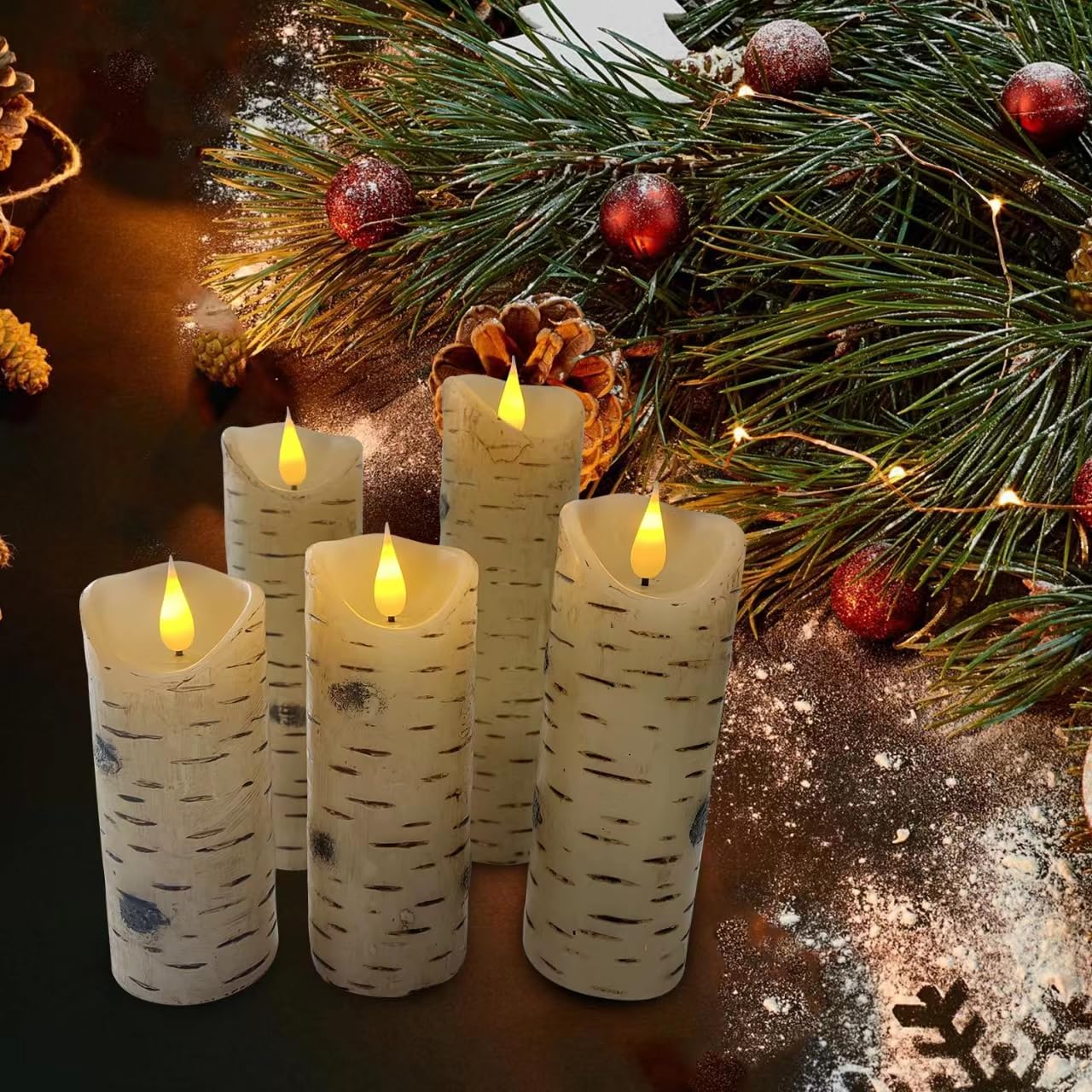 Evenice Flameless Candles Set of 5,Birch Bark Wax Candles (D2.2“ x H5”6“7”8" 9") with Timer and 10-Key Birch Bark