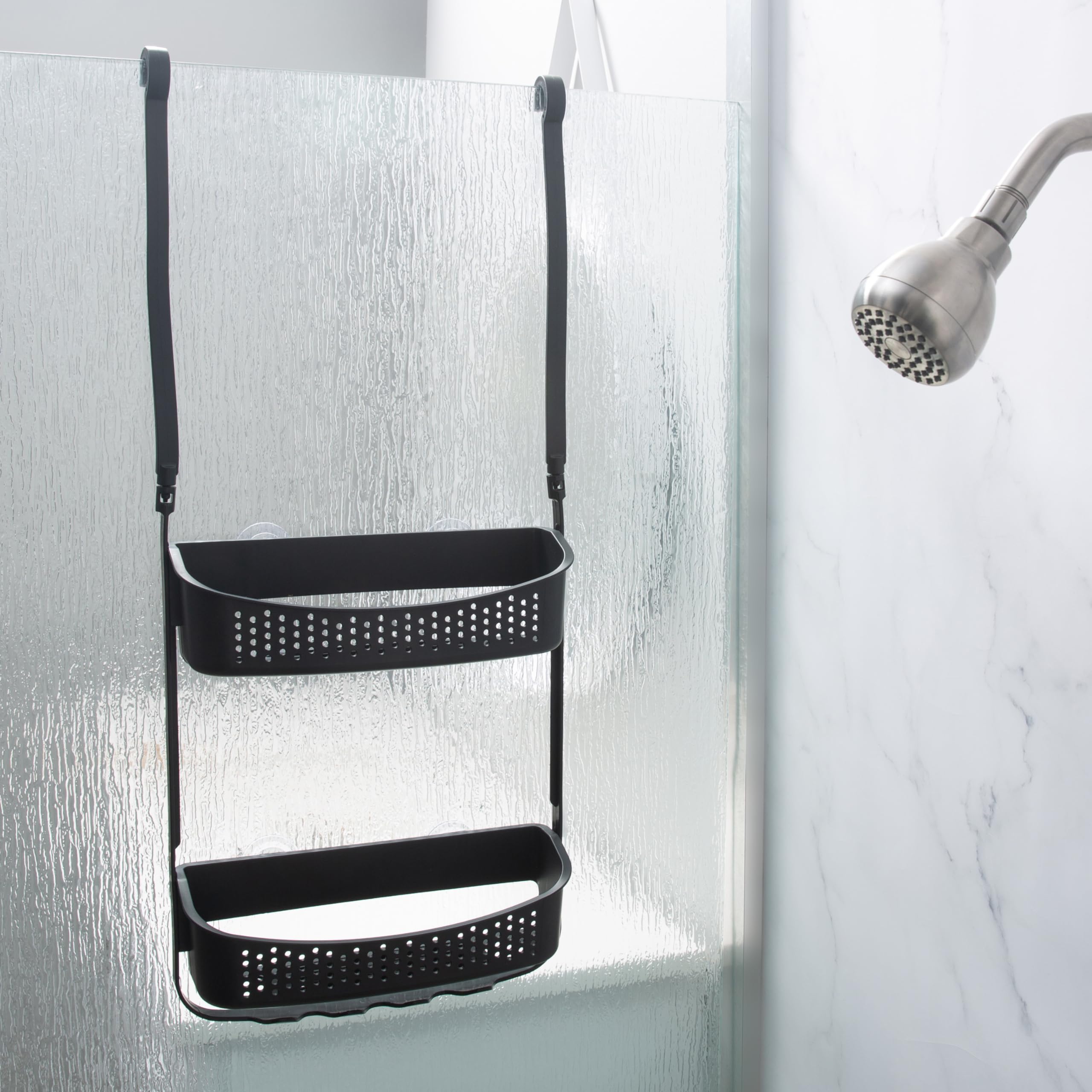 Bath Bliss 2 Way Convertible Bathroom Shower Caddy | Adjustable Mounting Arms | Loofah & Razor Hooks | Storage & Organization | Rust Resistant | Large and Small Bottles | Matte Black