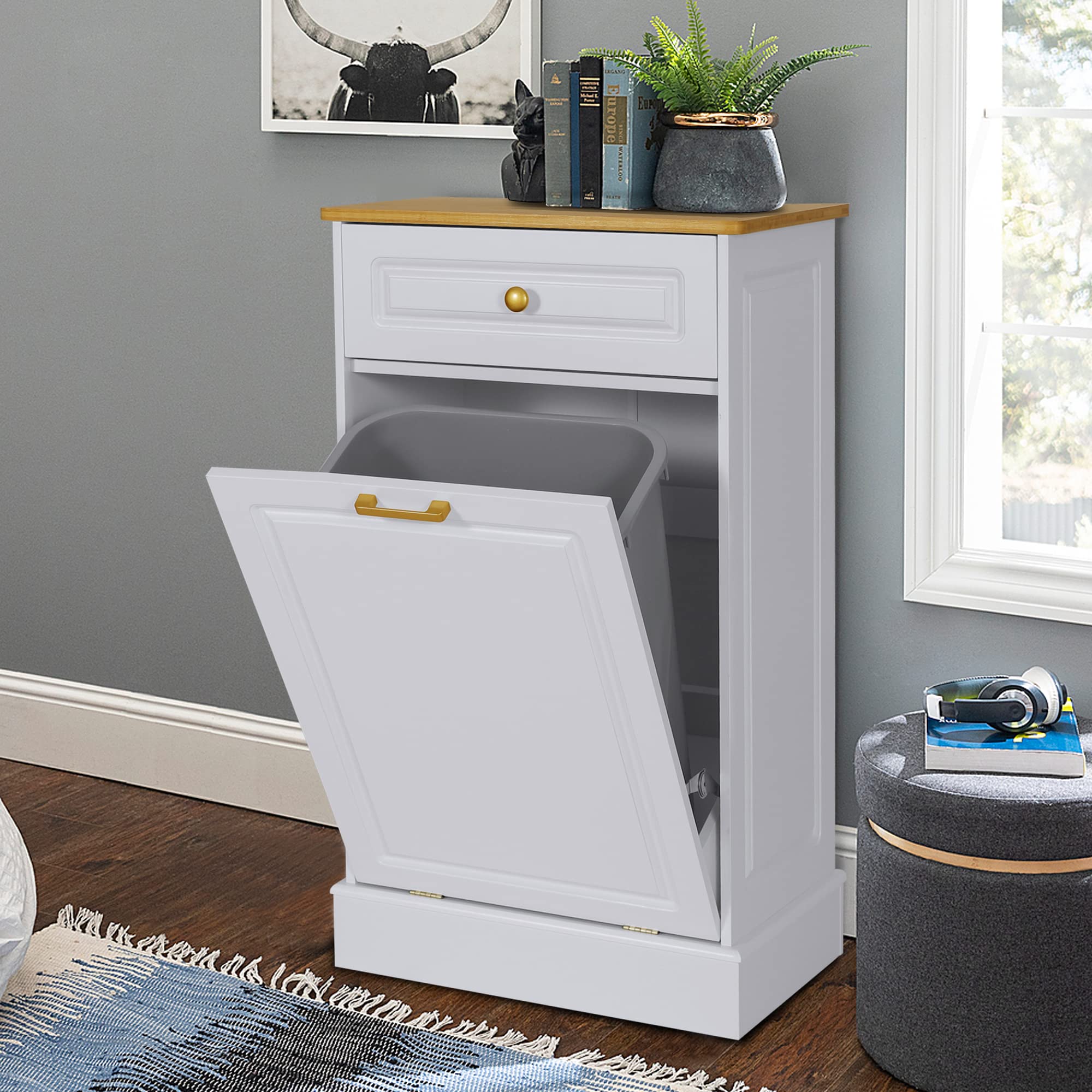 ONG Tilt Out Trash Cabinet or Laundry Hamper, Free Standing Kitchen Wooden Trash Can New Upgrade Recycling Cabinet, Hideaway Trash Holder, Kitchen Waste Bin, with W/Drawer (White)