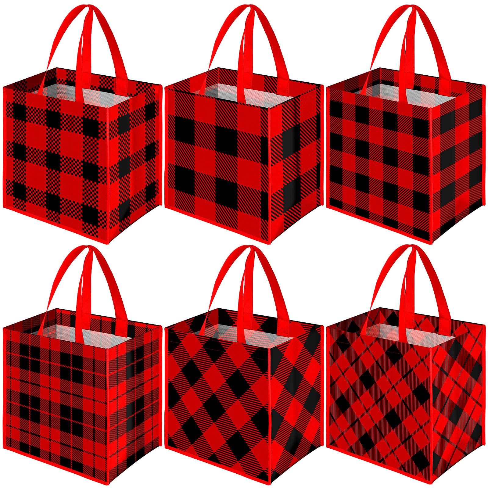 Aneco 12 Pieces Christmas Gift Bags Red and Black Plaid Reusable Non-woven Bags Christmas Treat Bags Tote Bag with Handles 9.8 x 7.9 x 9.8 Inch Party Favors