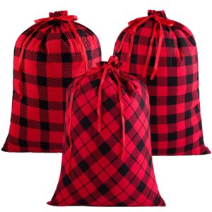 aneco 3 pack christmas cotton buffalo plaid xmas bags 23 by 17.5 inches large size drawstring bag stocking storage sack present party favors bags