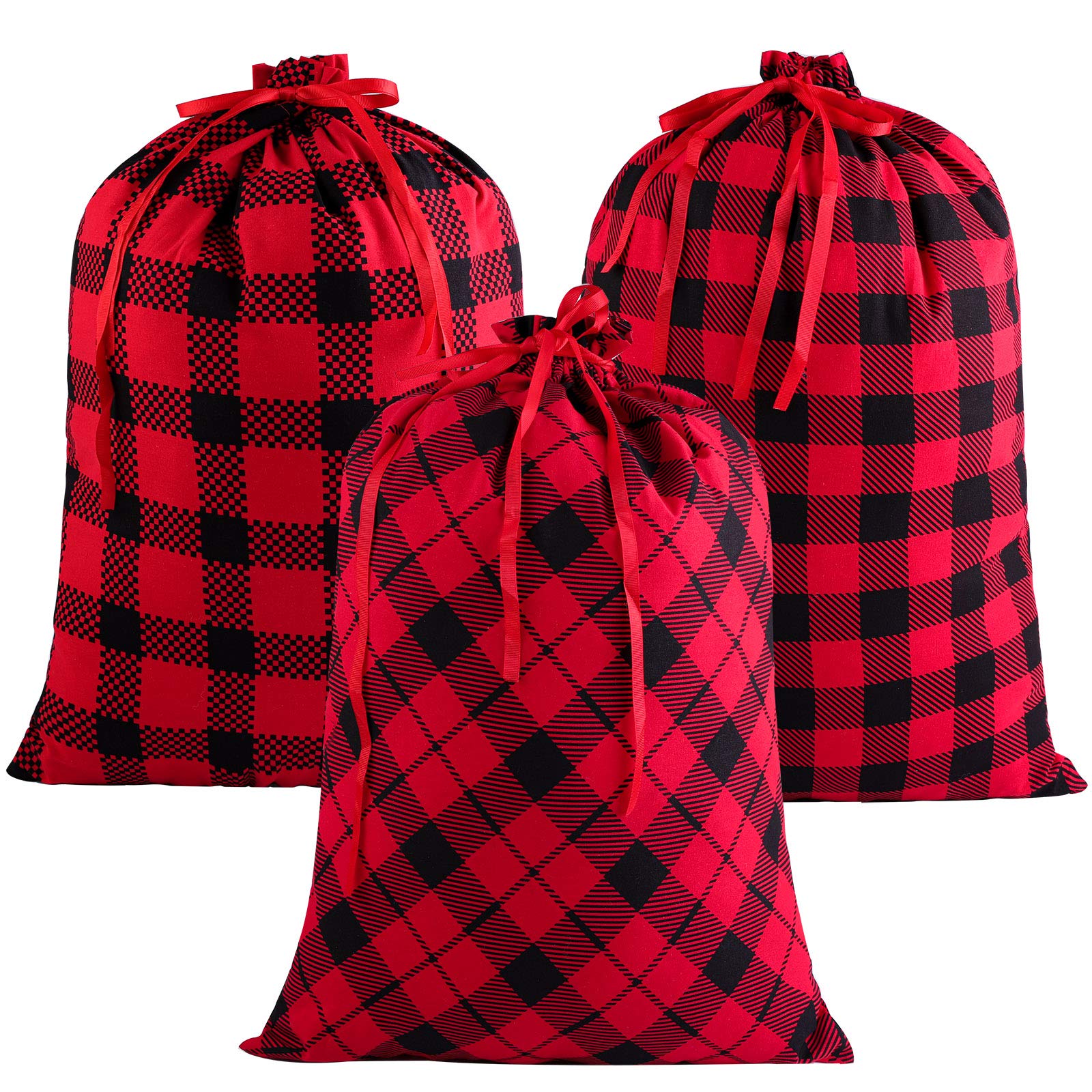 Aneco 3 Pack Christmas Cotton Buffalo Plaid Xmas Bags 23 by 17.5 Inches Large Size Drawstring Bag Stocking Storage Sack Present Party Favors Bags