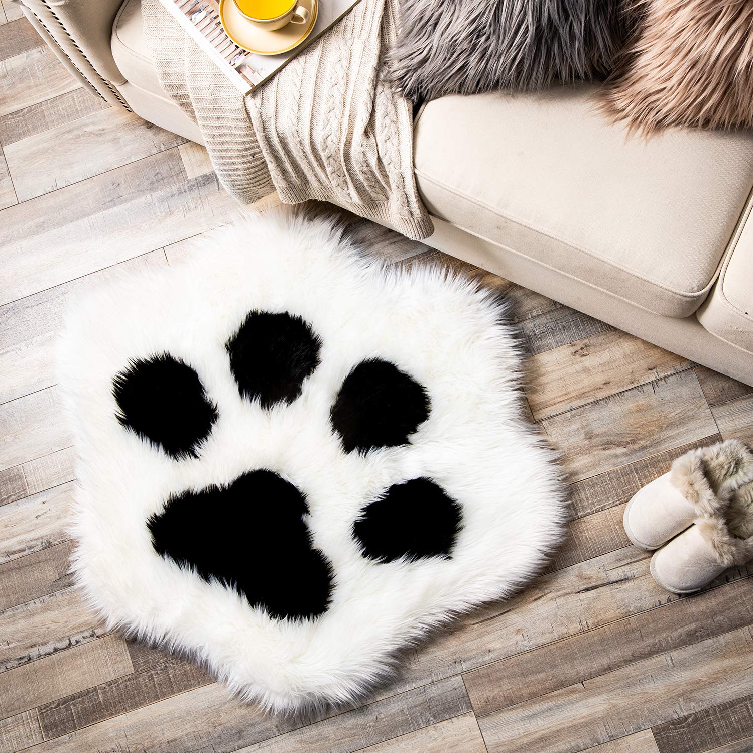 Ashler Ultra Soft Faux Sheepskin Fur Rug, Kids Room Rug, Shaggy Cat Paw Rugs, Non Slip Throw Rug, Fluffy Carpet Bedroom Rug, Area Rug, Coal Black 2.55 x 3 Feet