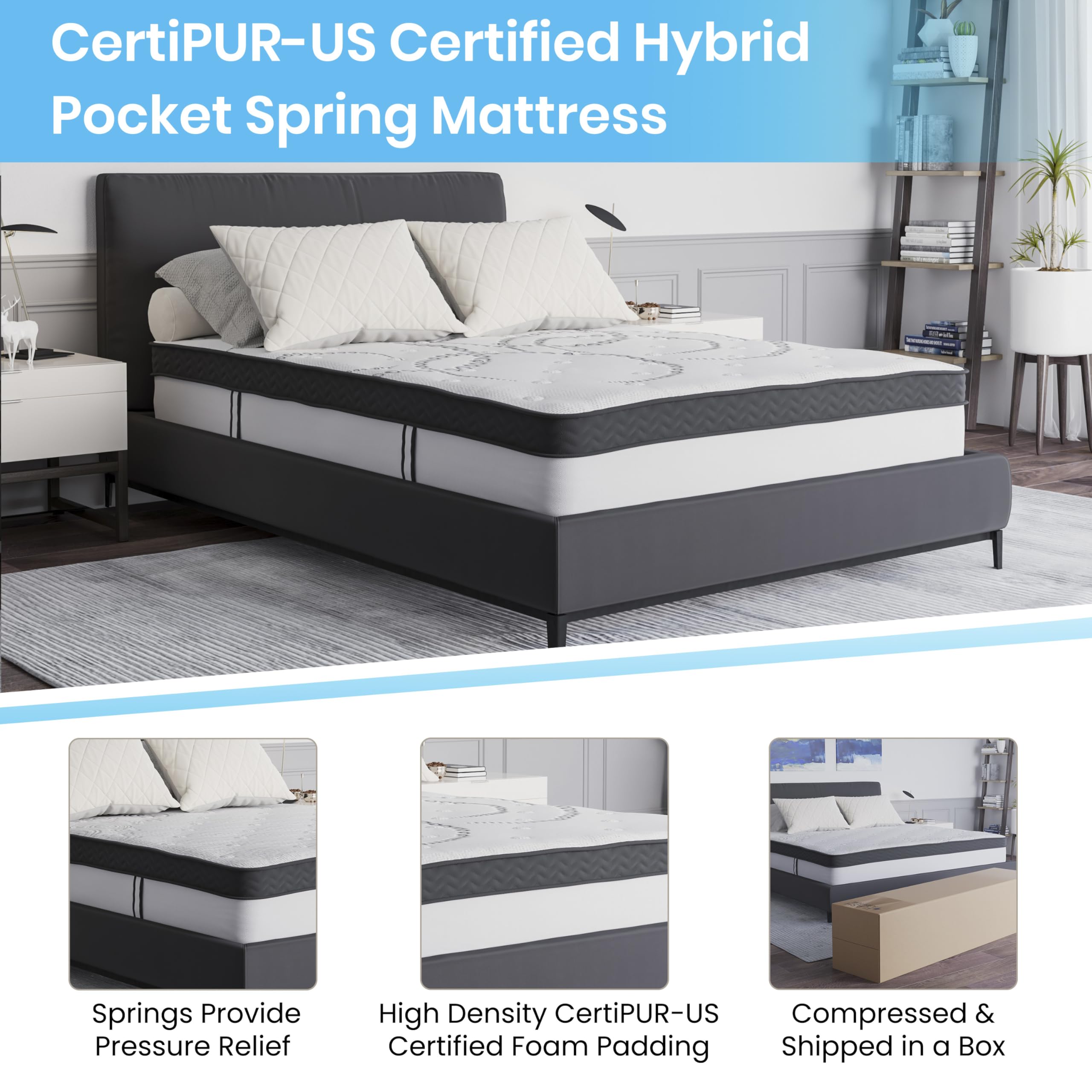 BizChair 12 Inch CertiPUR-US Certified Hybrid Pocket Spring Mattress, Full Mattress in a Box